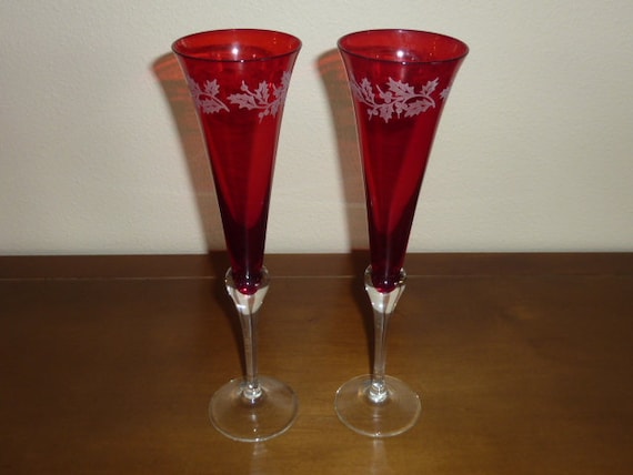 Vintage Lenox Crystal Ruby Red Etched Champagne Flutes Holiday