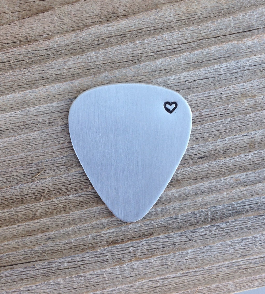 Hand stamped guitar pick heart stainless steel gift pick