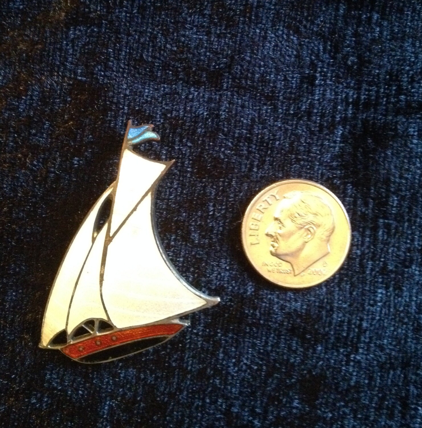 Vintage Sailboat Enamel Pin / Red Boat with White Sails and Blue Flag ...