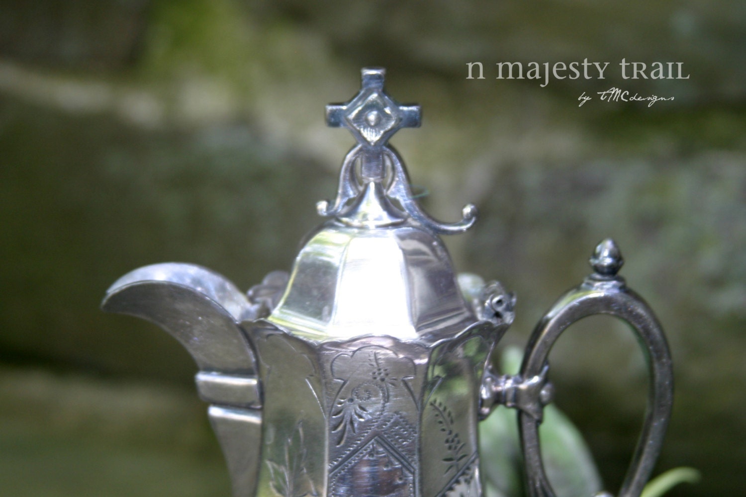 Ornate Silverplate Serving Pitcher w Saucer. Vintage. Religious. CROSS ...