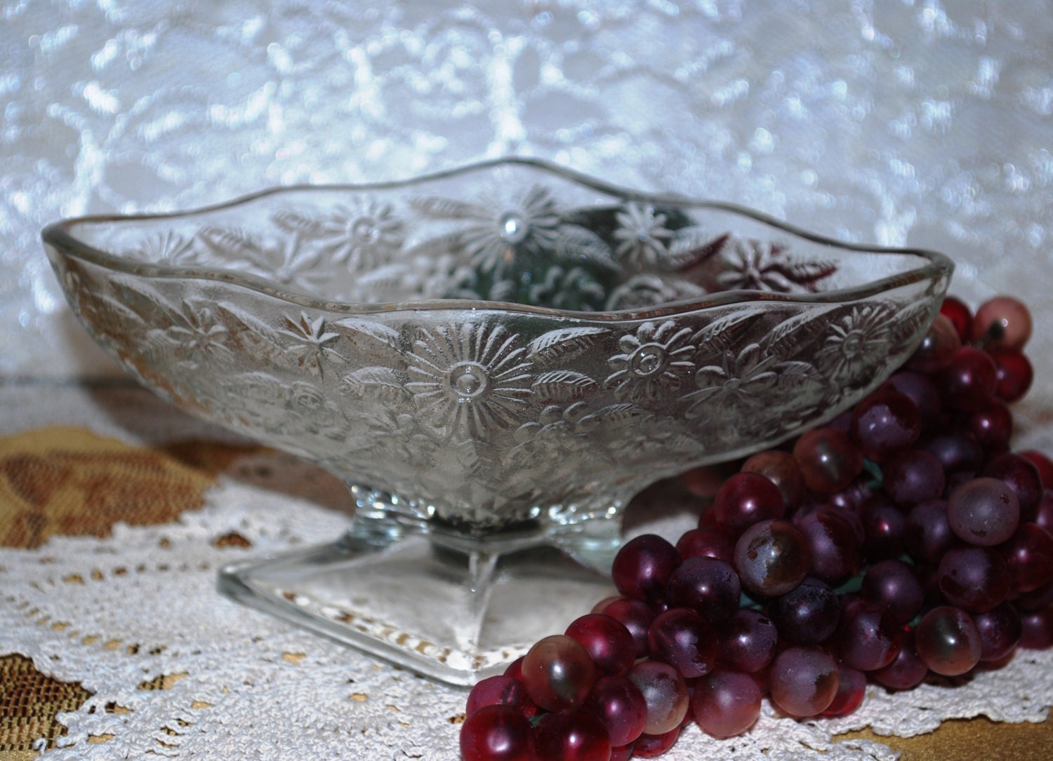 Indiana Glass 1930’s Pineapple Floral Diamond Shaped Footed Compote ...