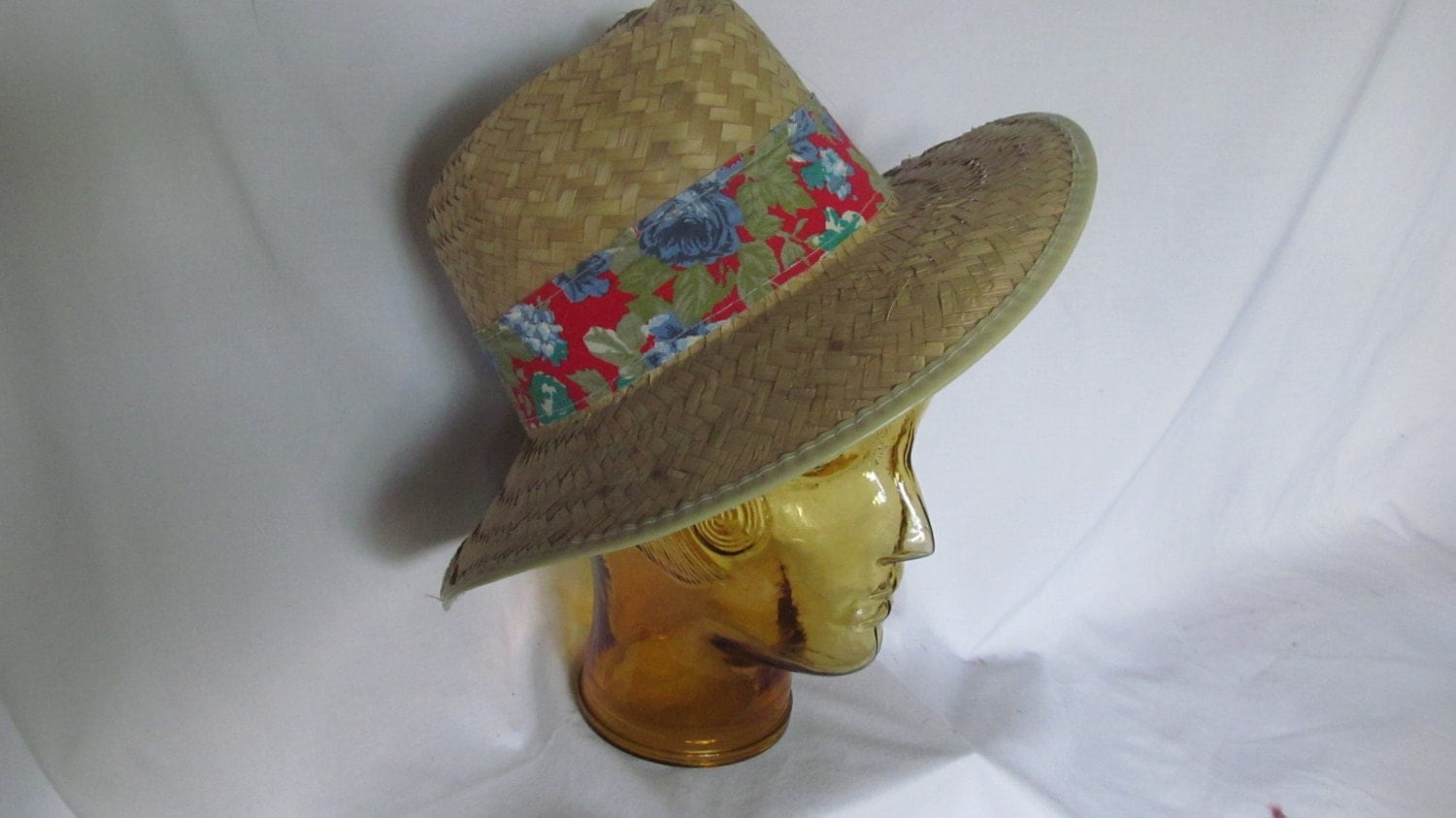 Straw Fedora Hat Red Floral Print Hat Band Panama Straw Hat Summer Hat ...