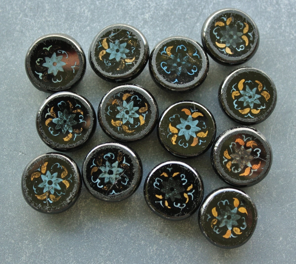 13 Victorian Painted Black Glass Buttons