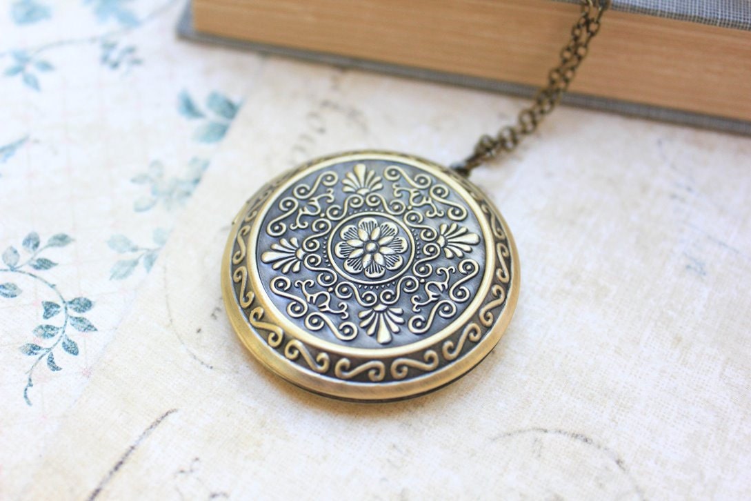 Large Round Locket Necklace Gold Floral Filigree Locket