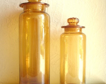 Pair of Tall Amber Gold Glass Jars with Frosted Ground Lids Canisters ...