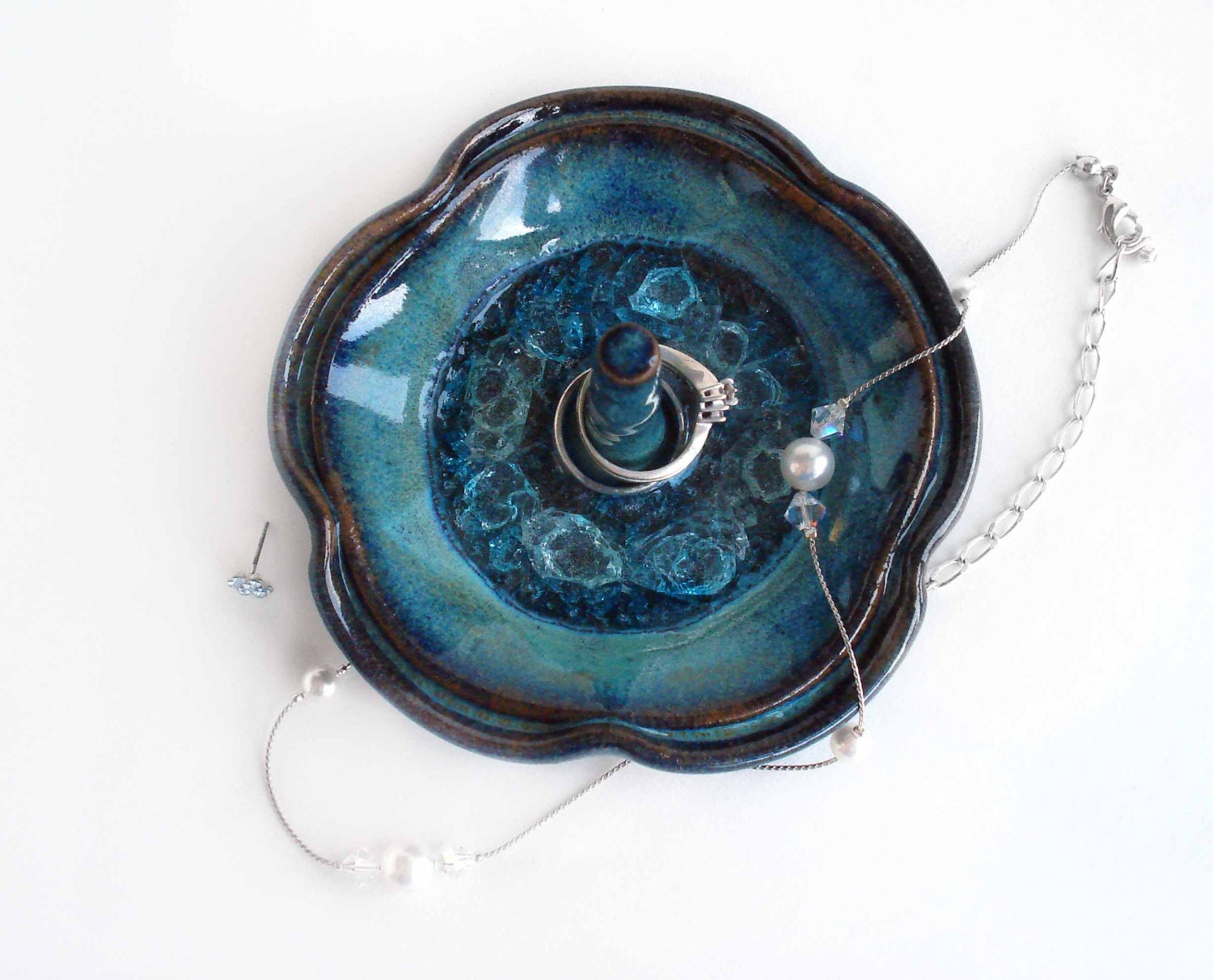 Ceramic flower ring holder Teal pottery ring dish Ring bowl