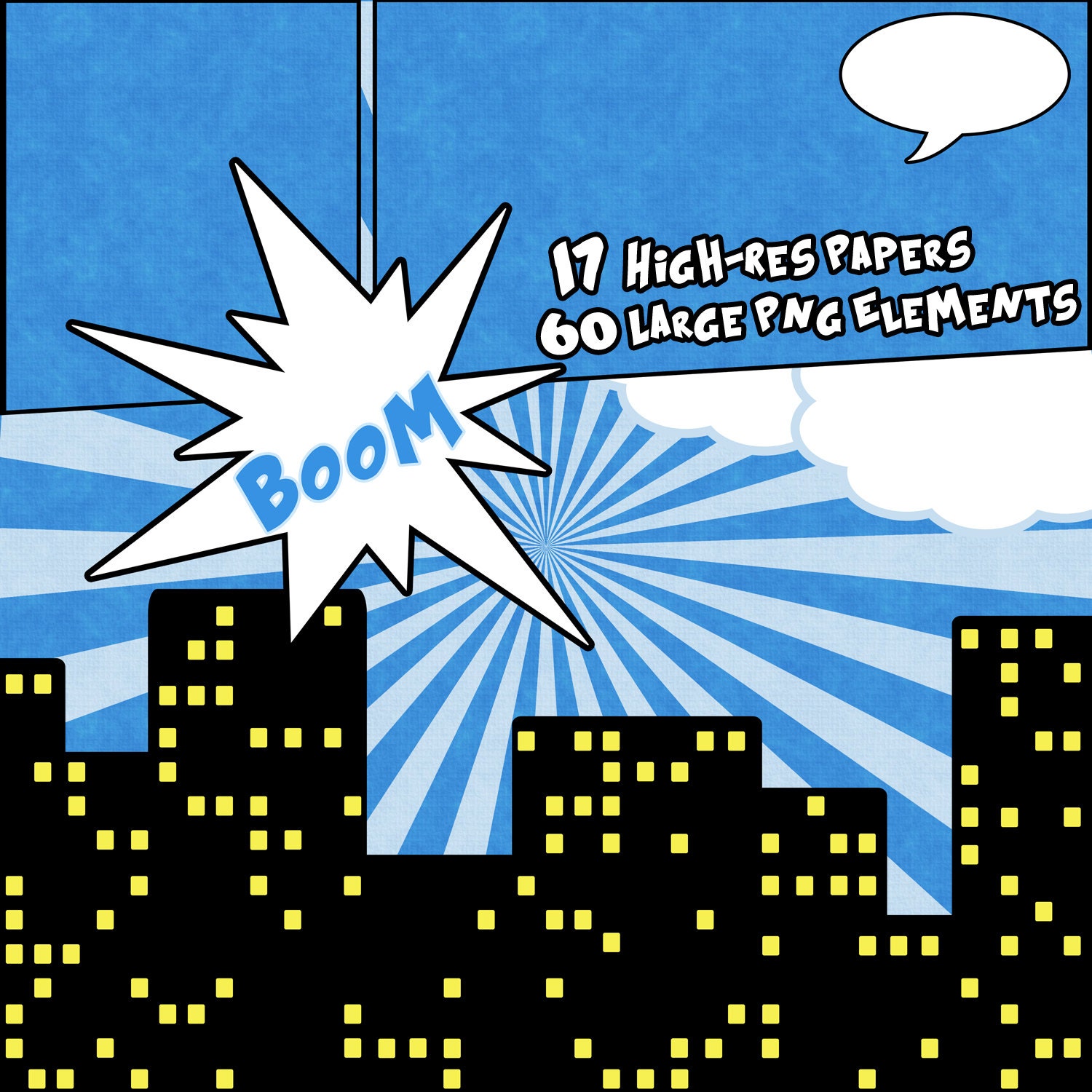 Comic Book Super Hero Digital Scrapbook Paper Blue Orange