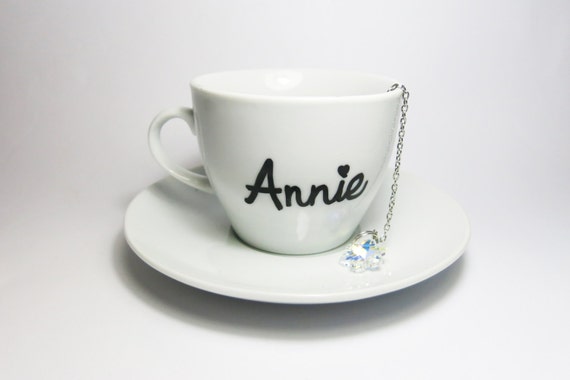 Personalised name white/black tea cup and saucer tea by CoralBel