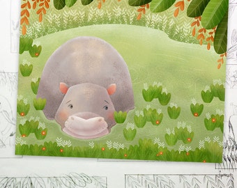 Hippo Art Print -- Jungle Animals Art - hippo green yellow orange cute ...