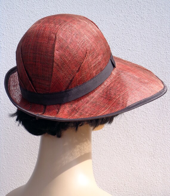 Flapper hat red and brown sinamay cloche sun hat wedding