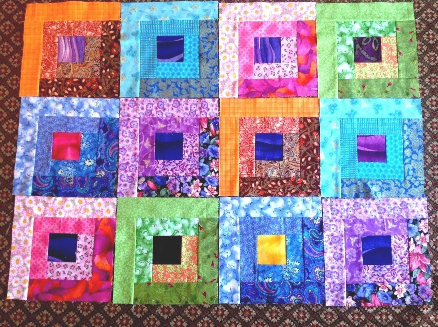 12 BRIGHT LOG CABIN Quilt Blocks Squares 100% by Quiltingfamily