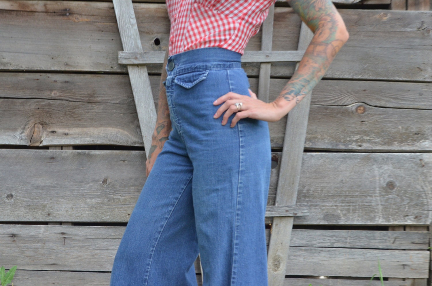 Vintage High Waisted Swabbies Style Sailor Girl Denim Bell