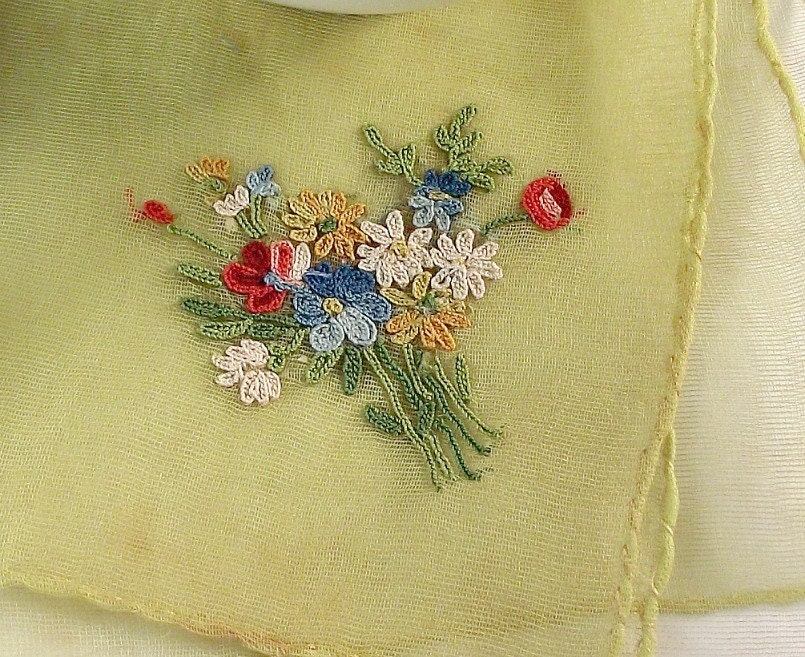 Stunning crepe handkerchief. Beautiful flower bouquet. Hand embroidered ...