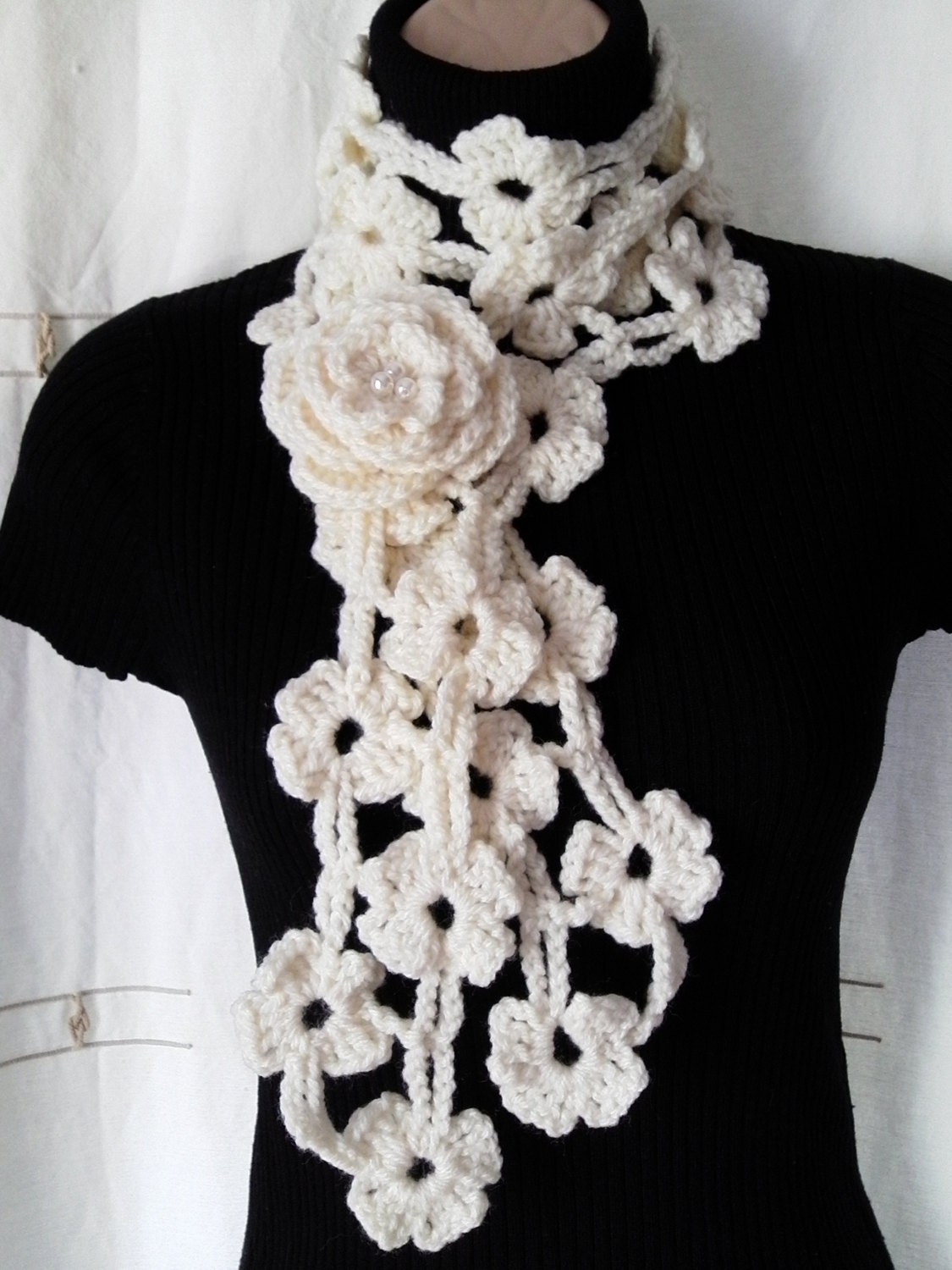 Crochet SCARF/ NECKWARMER with Crochet Flower Brooch Women