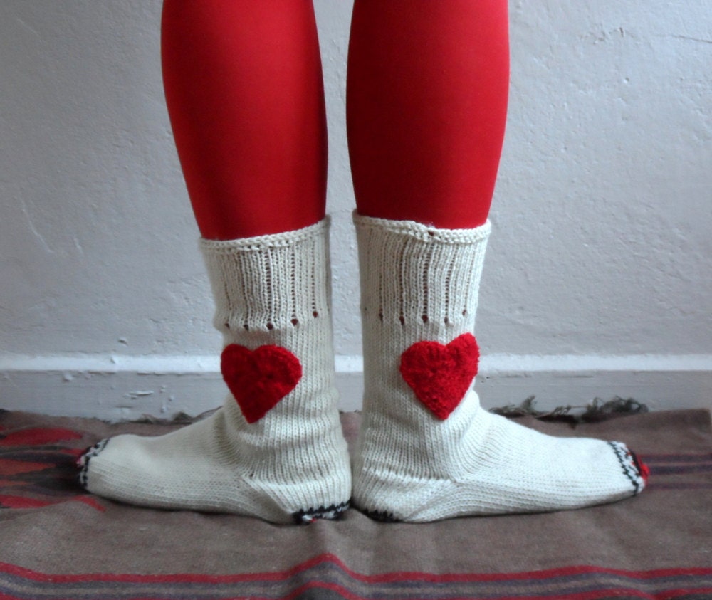 Cream Wool Socks Heart Socks Knit Wool Socks Unisex Socks