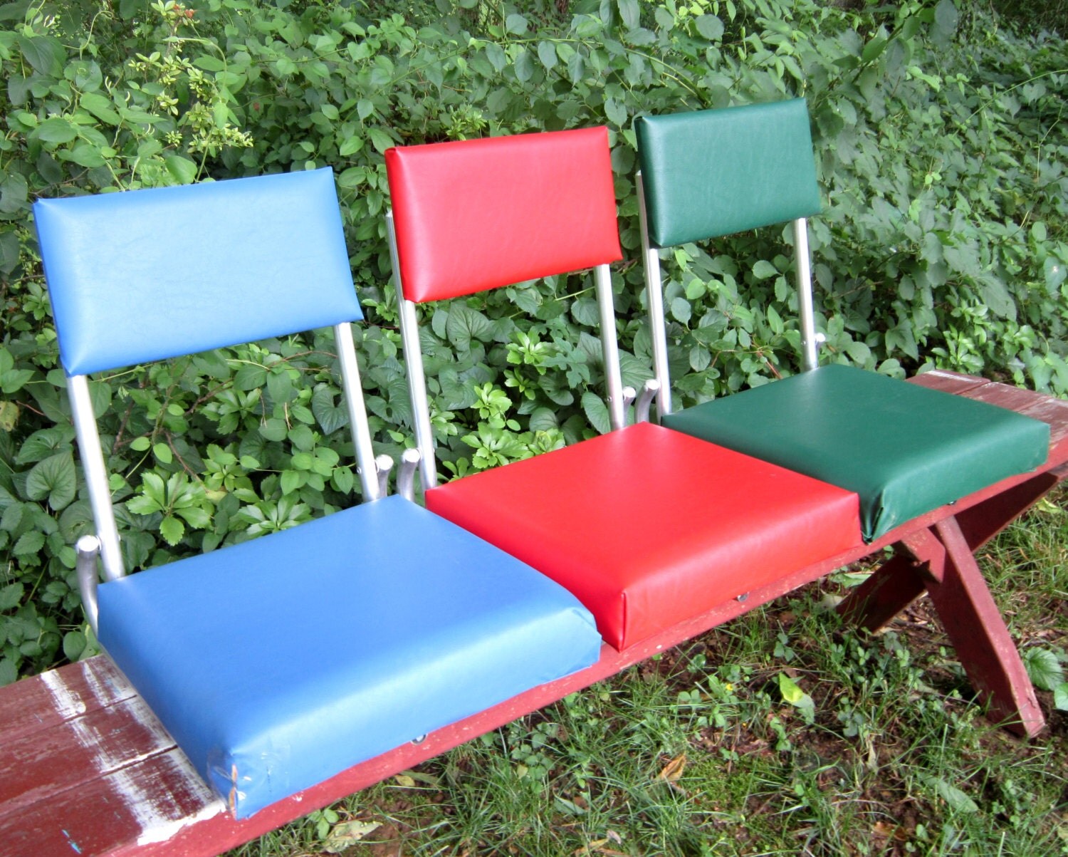 Vintage Bleacher Seats, Set of 3 Red, Green & Blue Folding Chairs ...