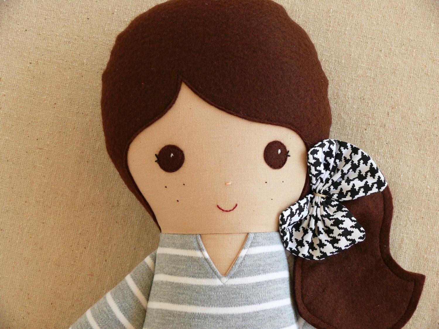 Fabric Doll Rag Doll Brown Haired Girl In Gray Striped Top