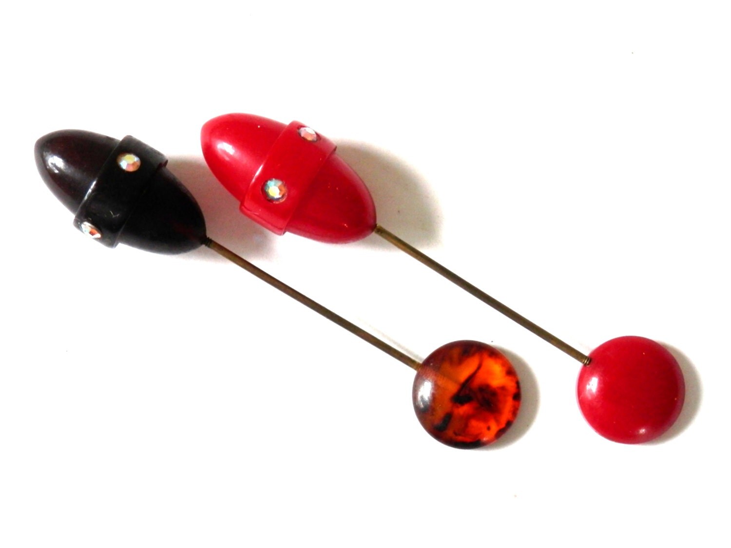 Art Deco Bakelite Hat Pins Acorns with Rhinestone Cherry Red and ...