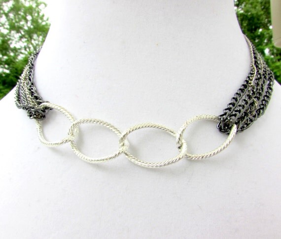 Silver Chain Choker Multi-Strand Silver Necklace Two Tone