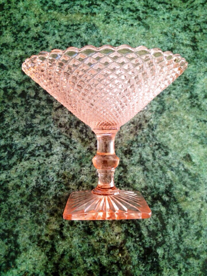 Pink Depression Glass Candy Dish Pedestal Diamond cut Pattern