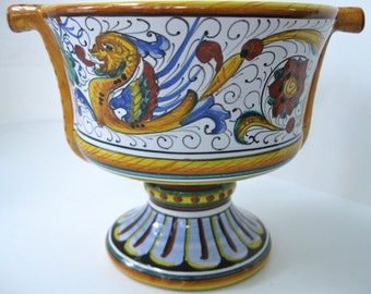 Cama Deruta planter signed Italian Majolica Dragon design in blue ...