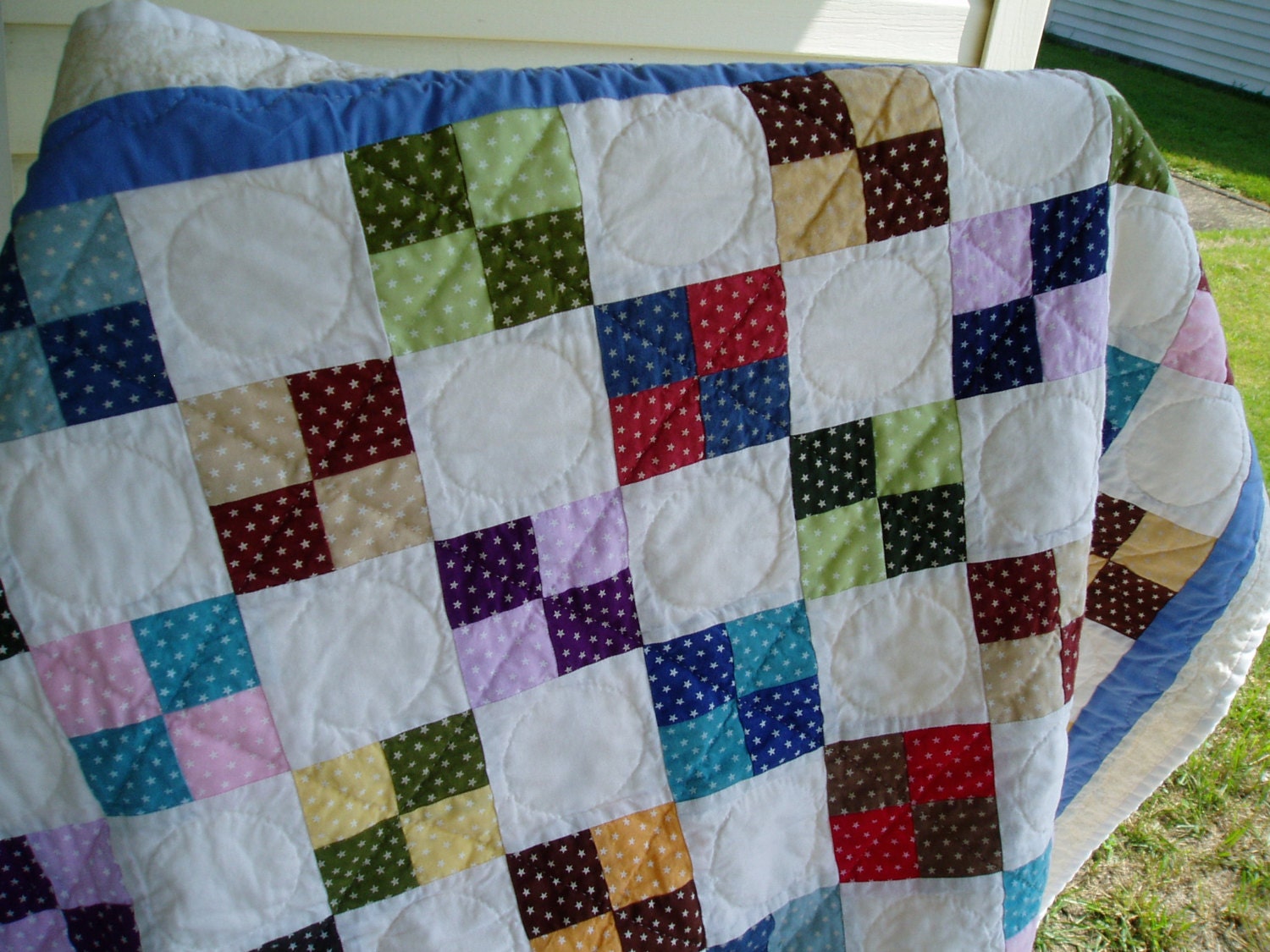 Hand quilted baby quilt in Four patch design by HandSewnByPeggy