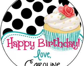 Personalized Birthday Cupcake and Black Polka Dot Labels Stickers for ...