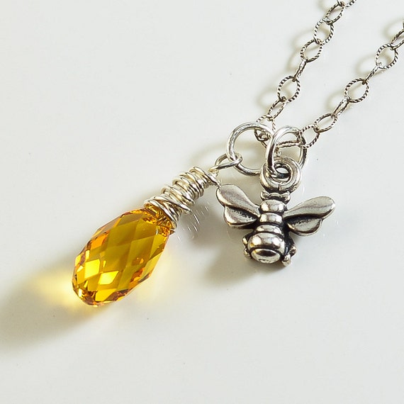 Honey Bee Necklace Wire Wrapped Swarovski Crystal Briolette
