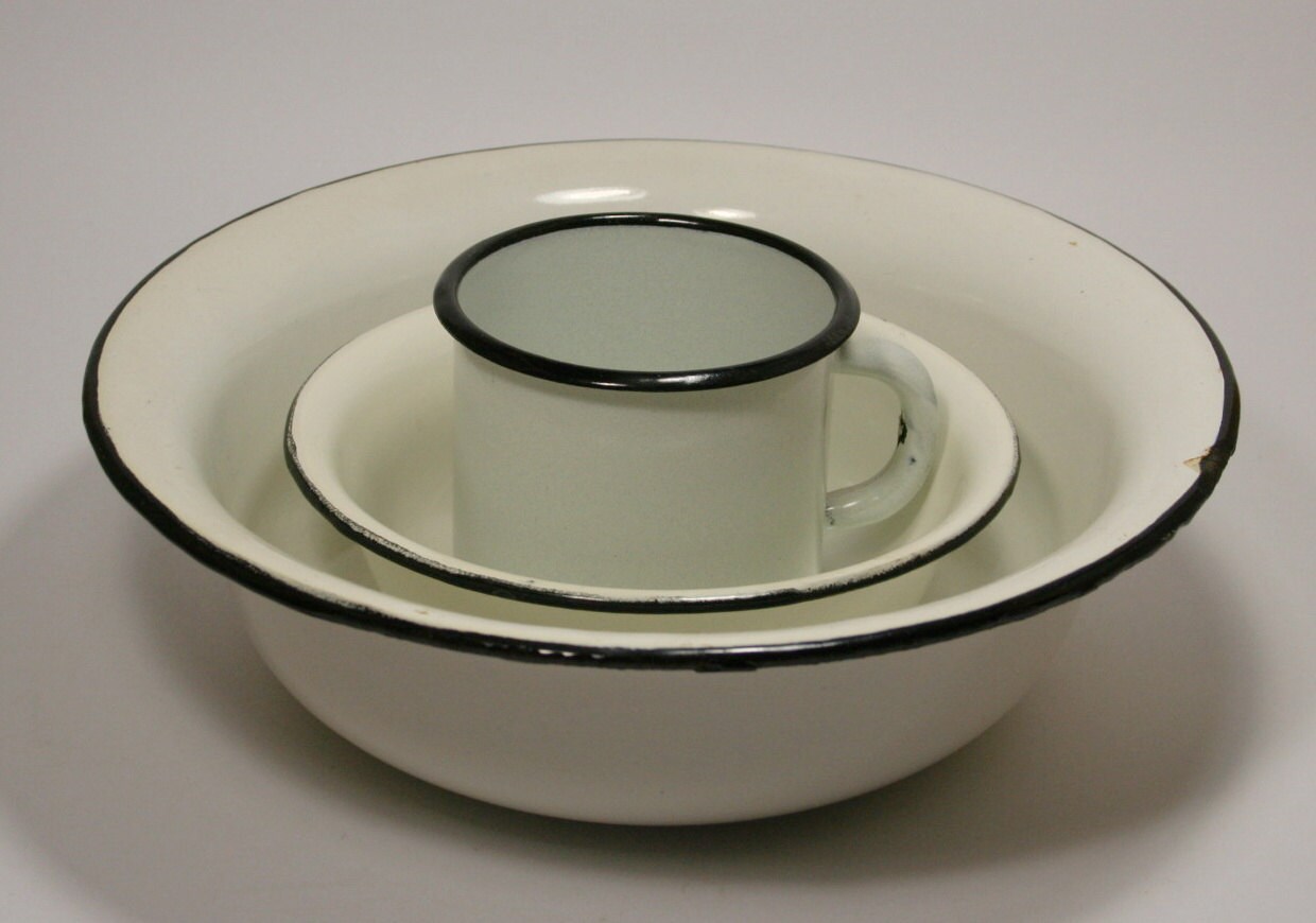 Soviet Vintage Set of 3 white enameled objects with a black rim. USSR ...