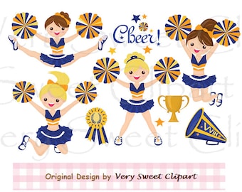 Cheerleader blue yellow clipart digital illustration
