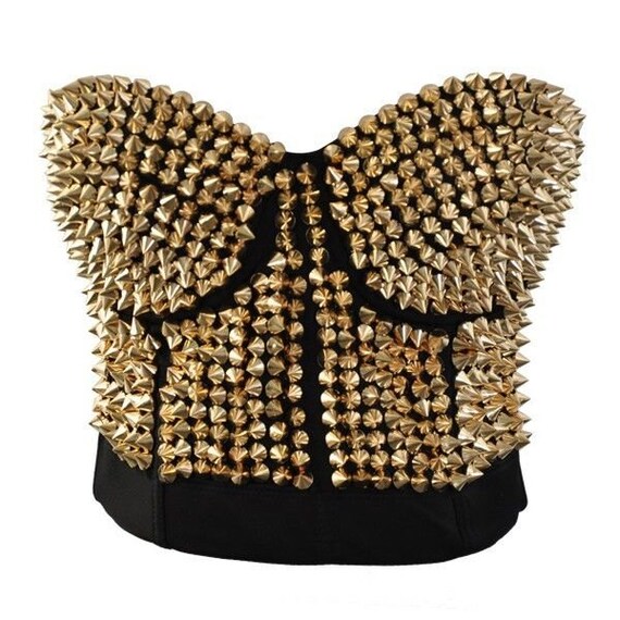 Gold Metallic Silver Spiked Bra Corset Top By Alvardfashion