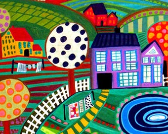 Landscape Art - Red Barn Art FOLK ART Art Poster Print of painting by ...