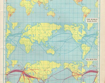 Antique LARGE WORLD Map 1941 ORIGINAL 1940s Map of the world