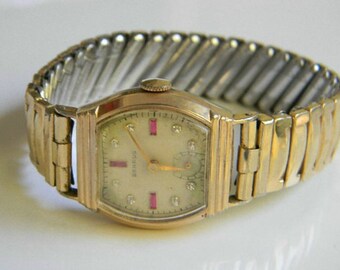ViNTaGe FauX DIAMOND RUBY WATCH BeNRuS MeNs UniSeX GoLD FiLL ExPanDaBLe ...