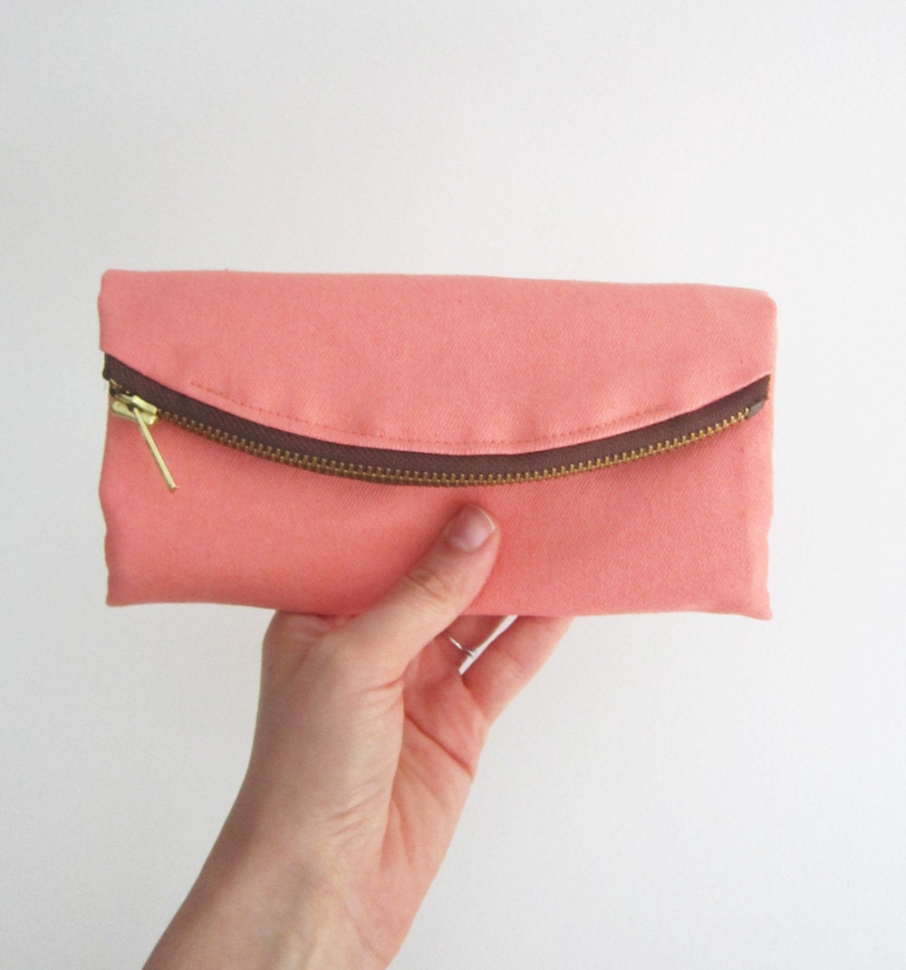 Coral twill large wallet/ fold over clutch, vegan pink and brown womens ...