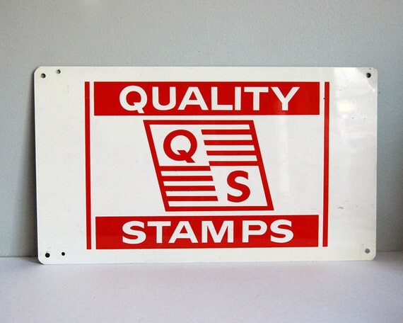 Vintage Metal Sign Quality Stamps Red and White Industrial Art
