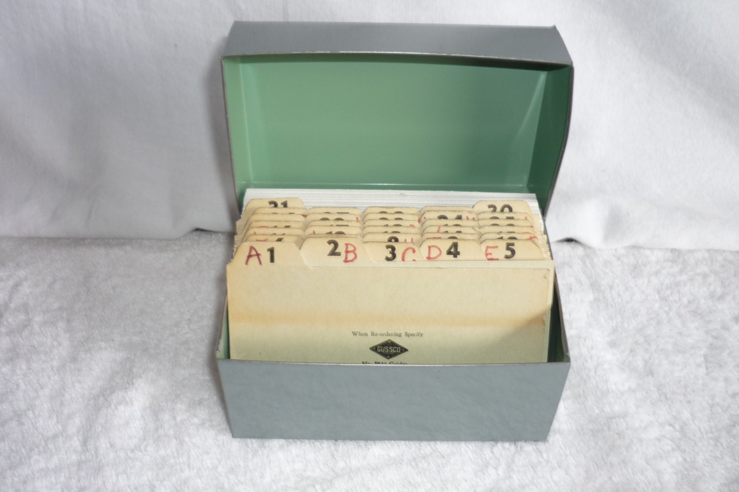 Vintage metal card file box with number, letter tab cards, green gray ...