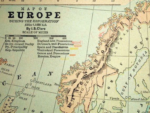 1892 Antique Map of Europe During the Reformation Europe