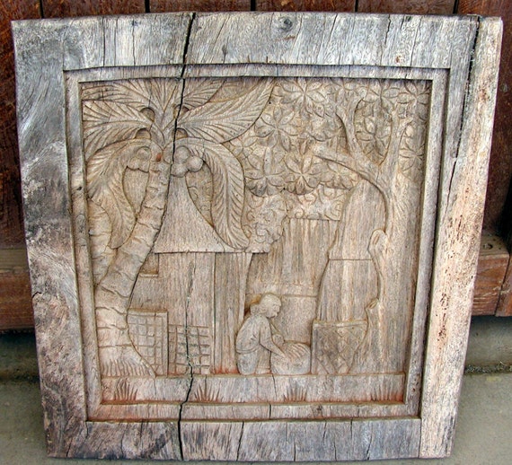 Antique Relief Wood Carving Hand Carved Wooden Panel Primitive