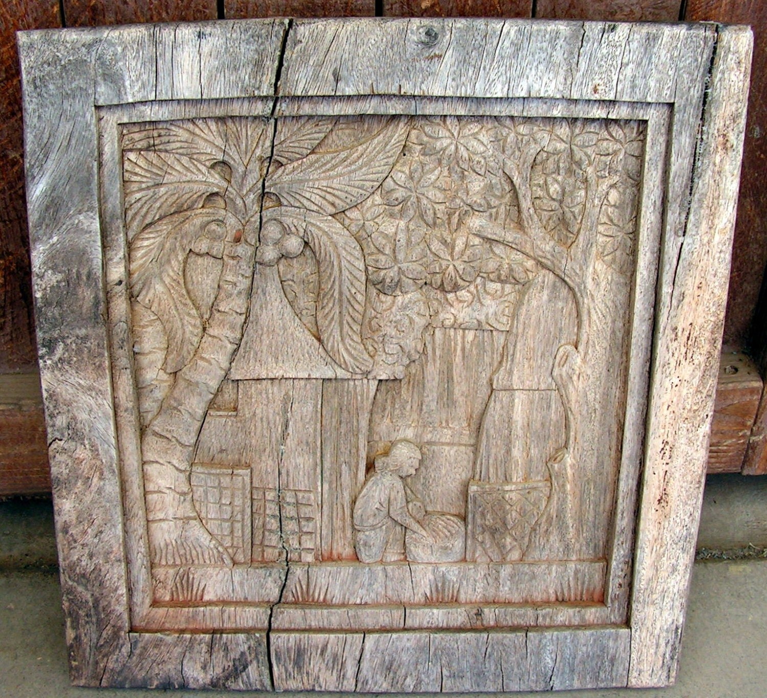 Antique Relief Wood Carving Hand Carved Wooden Panel Primitive