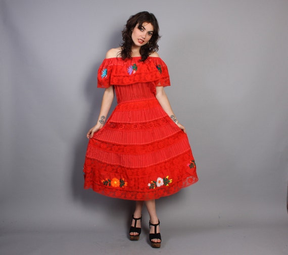 80s MEXICAN Embroidered DRESS / Pintuck Pleat Crochet Ruffle