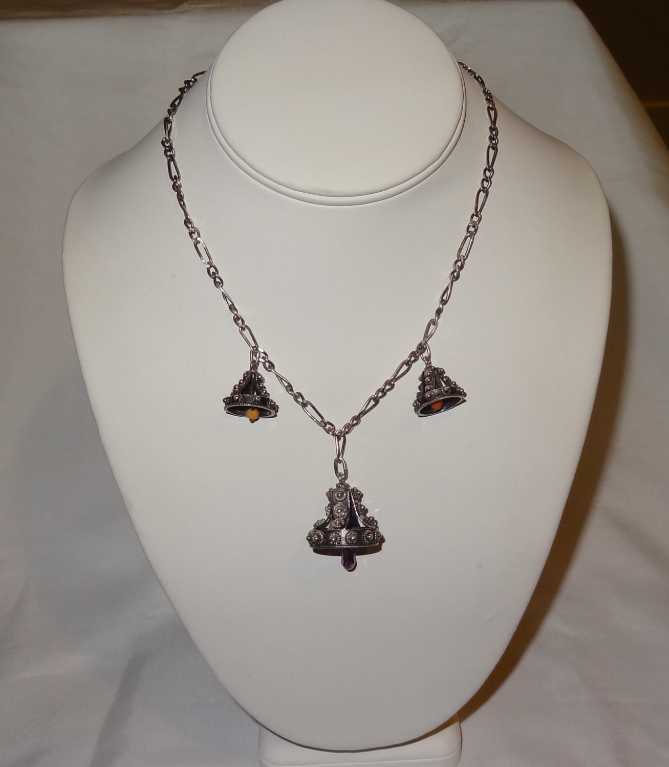 Vintage Sterling Silver Bell Chain Necklace with Coral by JimRabun