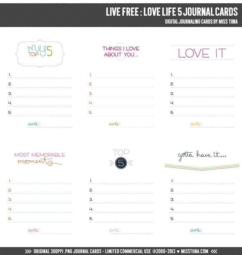 Live Free : Love Life 5 Digital Journal Cards 3x4 by MissTiina