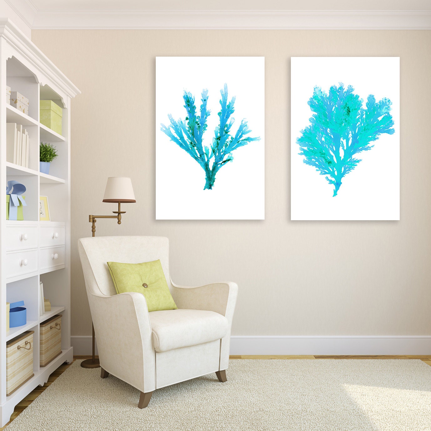 Extra Large Coastal Wall Decor Botanical Seaweed Print Set