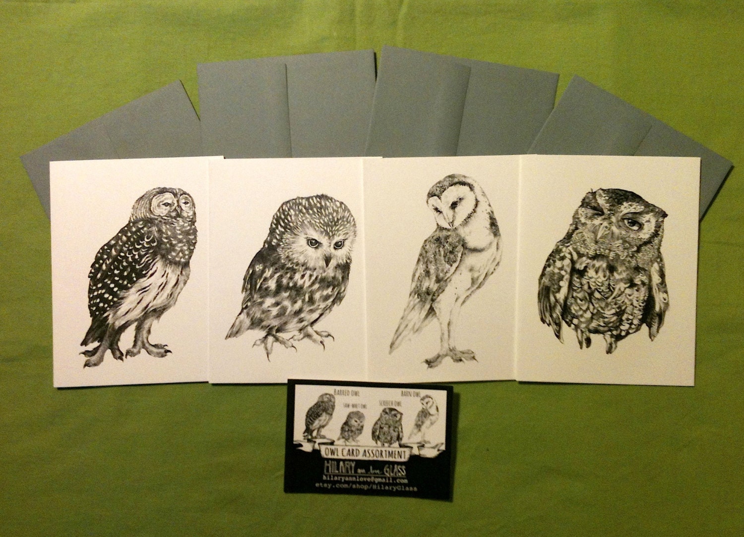 OWL Series: set of 4 cards with envelopes Size A2 by HilaryGlass