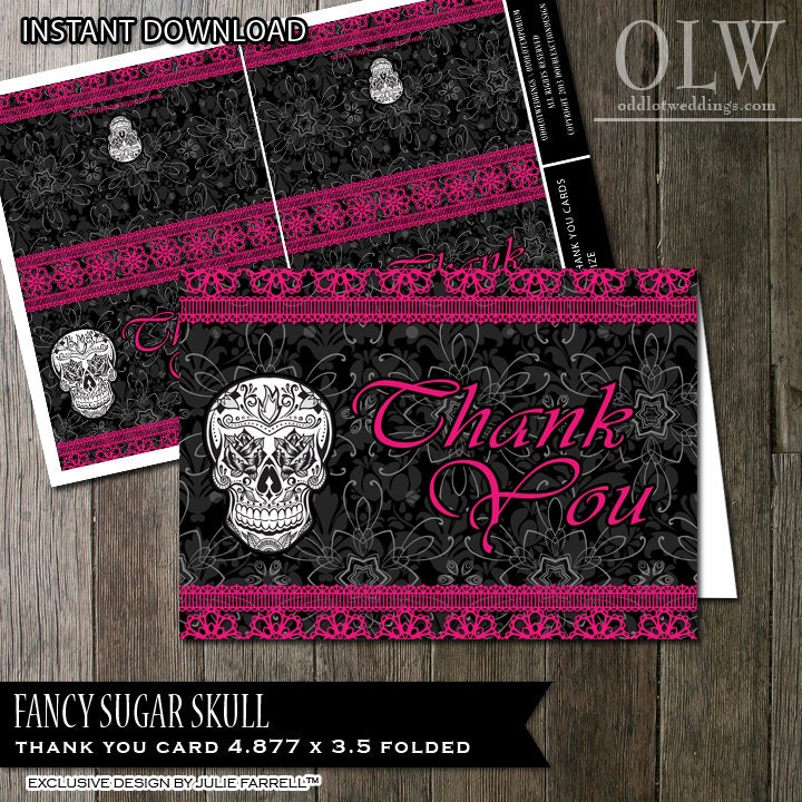 Printable Skull Thank You Card Fuchsia and Black Gothic Thank