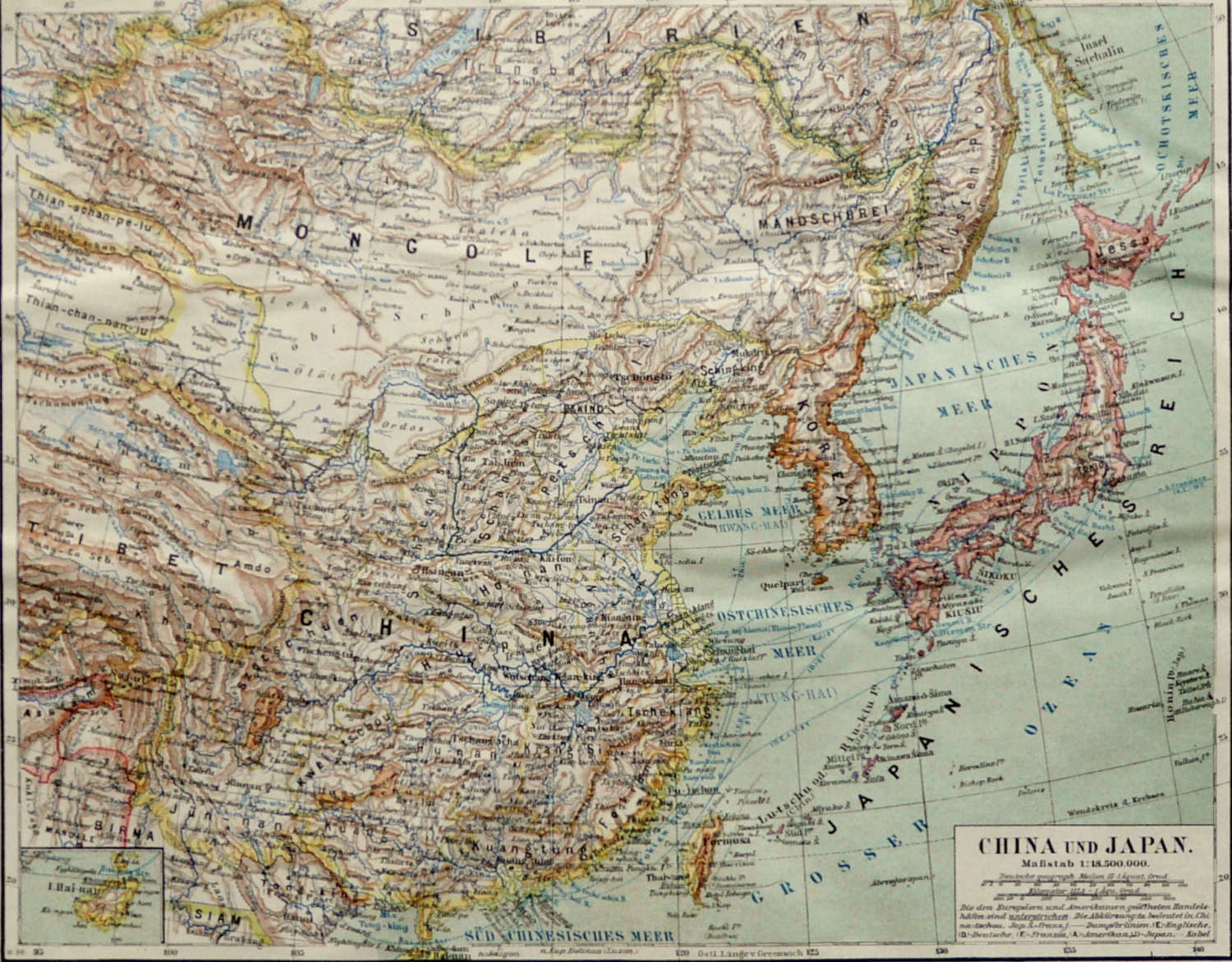 1890 Antique map of CHINA and JAPAN. 124 by AntiquePrintsOnly