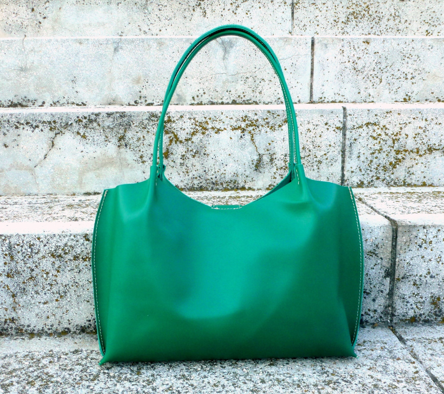 Emerald green leather tote bag leather shopper leather