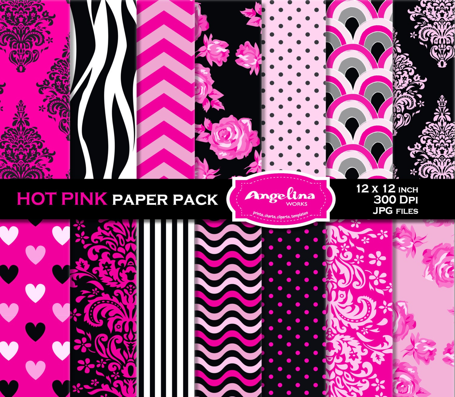 Hot Pink and Black Damask Digital Scrapbook Papers. 14 digital