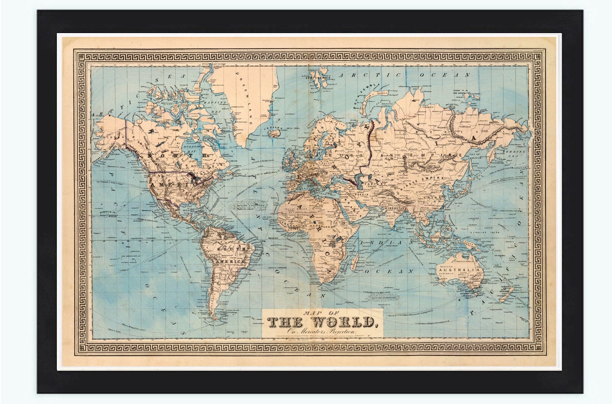 Vintage World Map 1876 Mercator projection by OldCityPrints